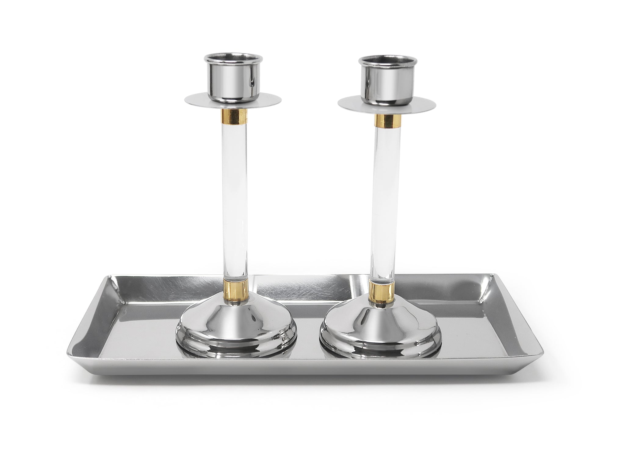 Set of 2 Stainless Steel Candlesticks with Acrylic Stemmed on a Tray ...